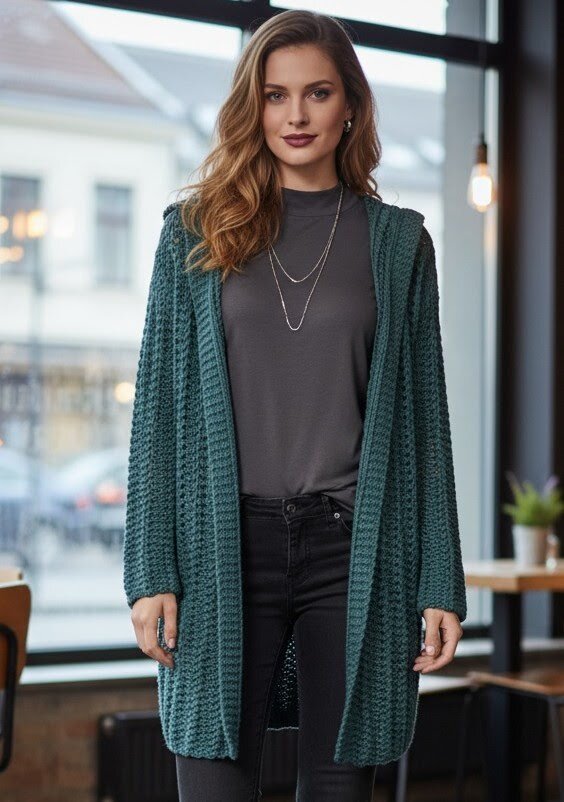 Cardigan with collar in lace rib pattern - Free Knitting Patterns